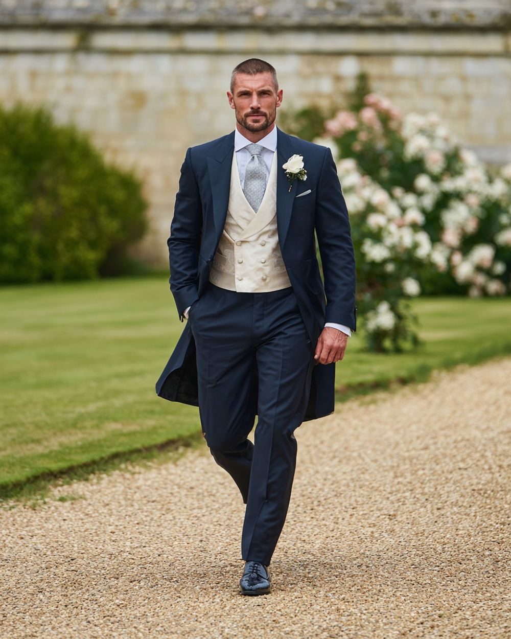 Chaqué Azul Marino con Chaleco Marfil y Pantalones de Raya Diplomática ...