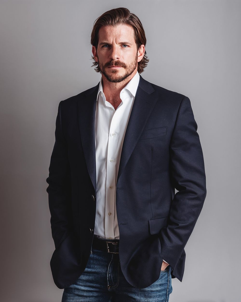 Blazer Gris Carbón Texturizado con Camisa Gris y Denim Oscuro | Hockerty