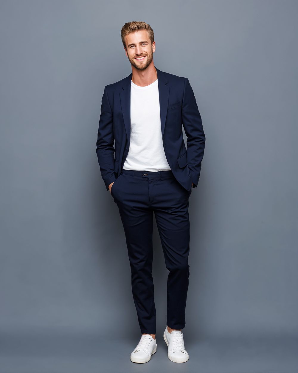Navy Blue Suit with Open-Collar White Shirt | Hockerty