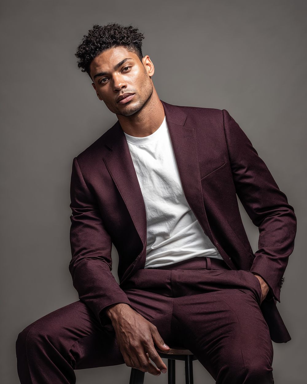 Burgundy Tailored Suit with White T-Shirt | Hockerty