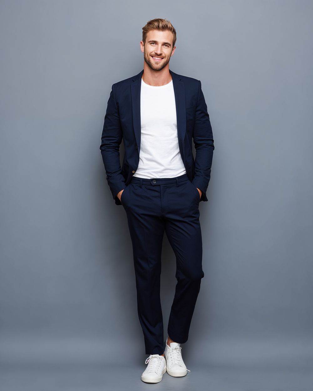 Traje Azul Business Casual con Camiseta Blanca | Hockerty