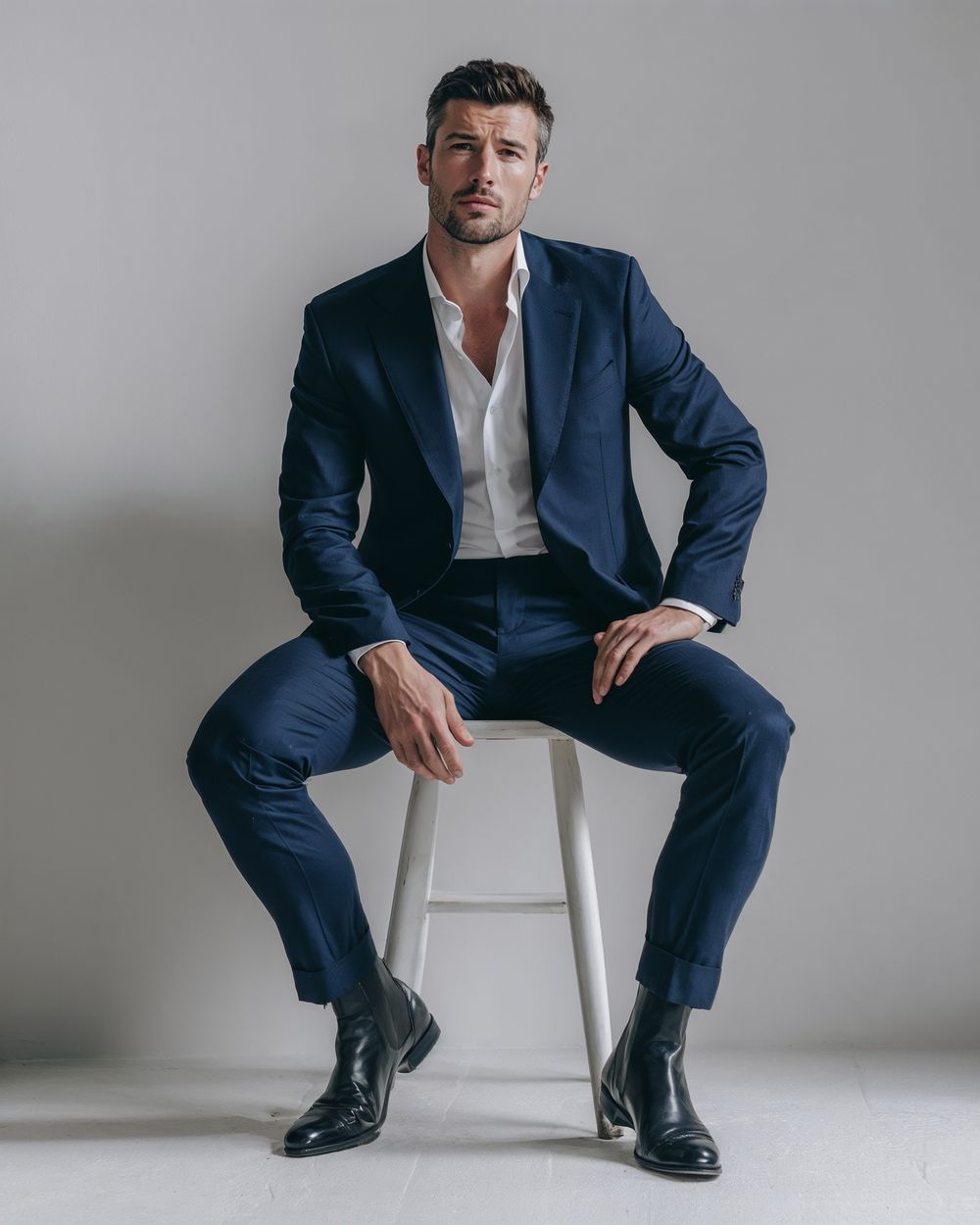 Traje Azul Marino con Camisa Blanca y Botines Chelsea | Hockerty