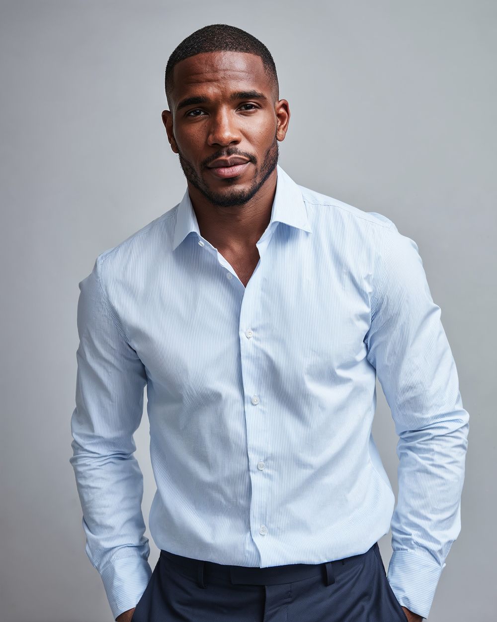 Camisa de Vestir Azul Claro a Rayas con Pantalones Marrones a Medida ...