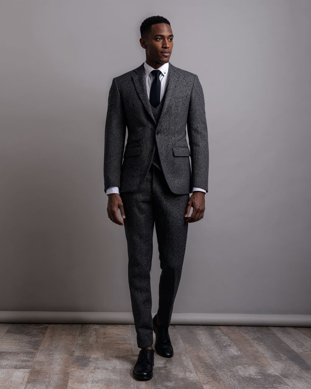 Grey Tweed Three-Piece Suit with White Dress Shirt | Hockerty